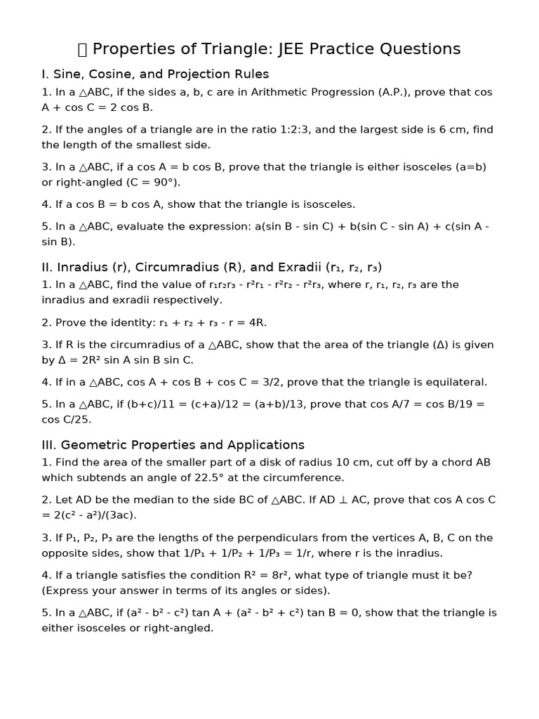 Properties of Triangle JEE Practice Questions SimpleFont | PDF