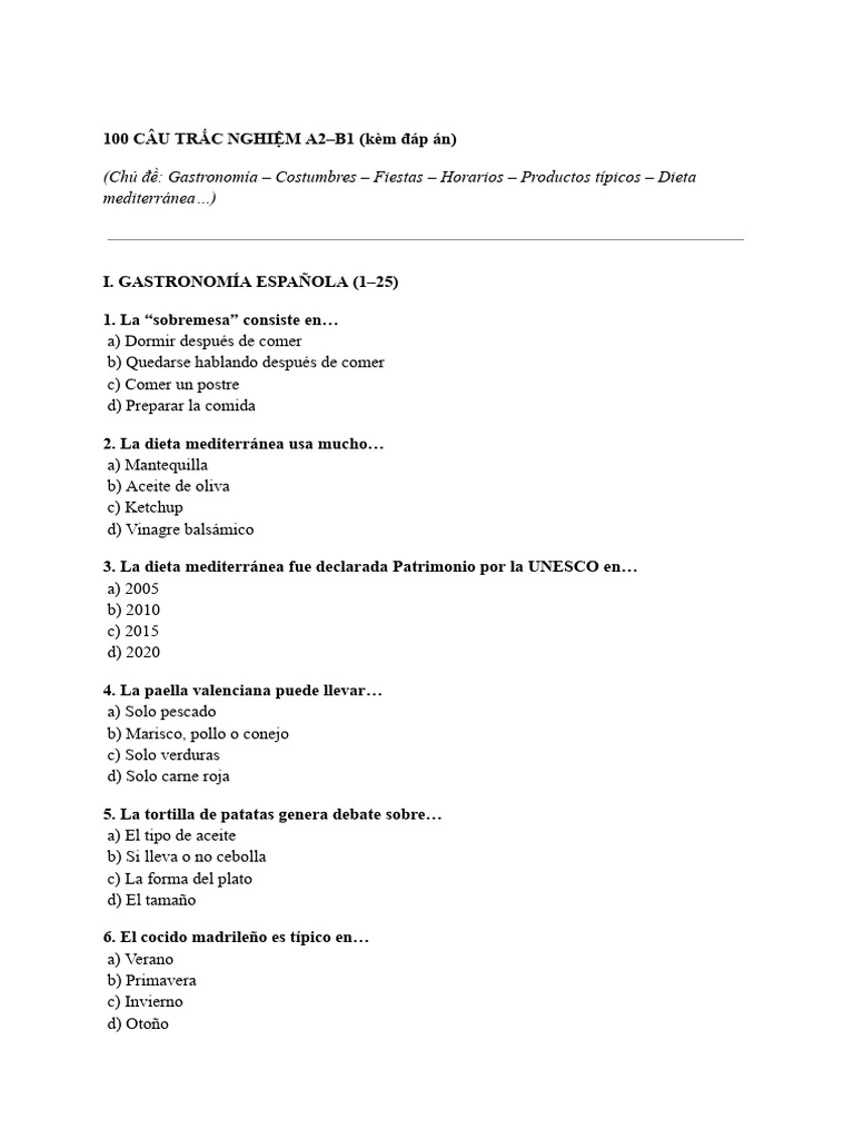100 CÂU TRẮC NGHIỆM A2–B1 (kèm đáp án) | PDF | Cocina española | Alimentos
