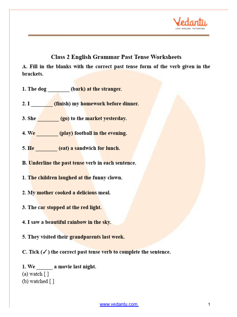 Class 2 English Grammar Past Tense Worksheet PDF Free Download | PDF ...