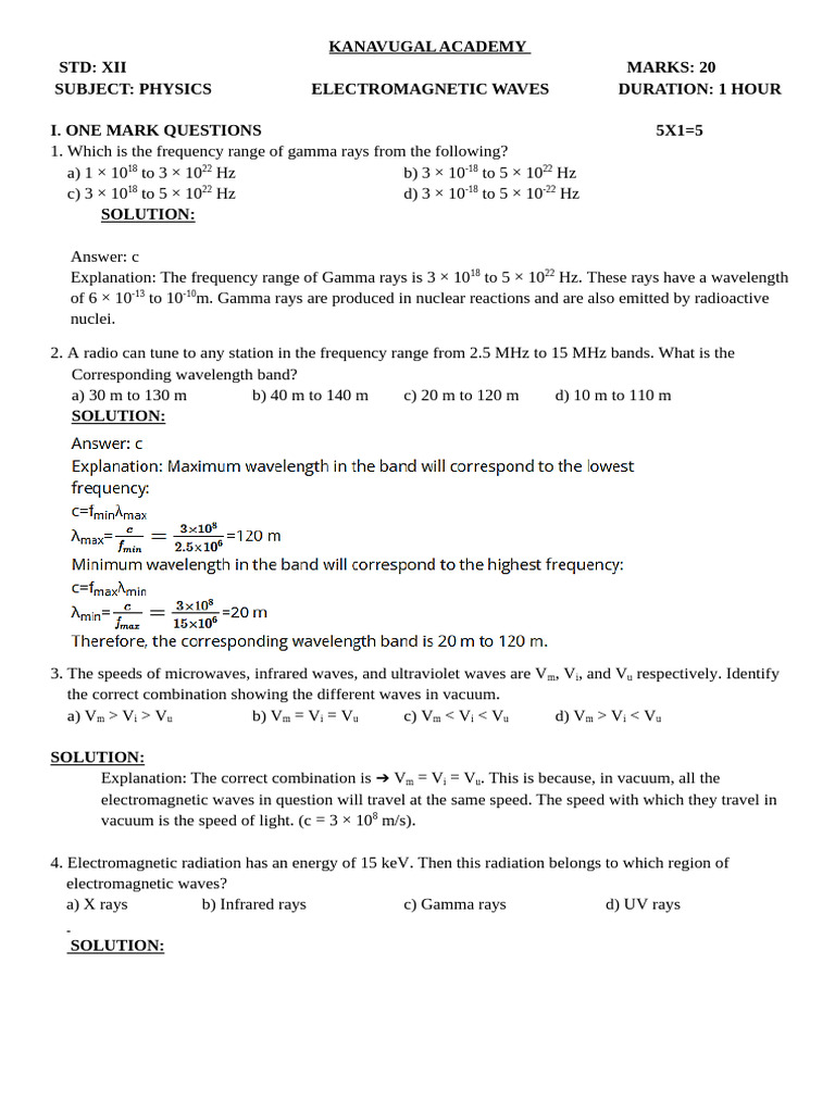 Xii Physics CHP em Waves 20mark Question Paper | PDF | Hertz | Frequency