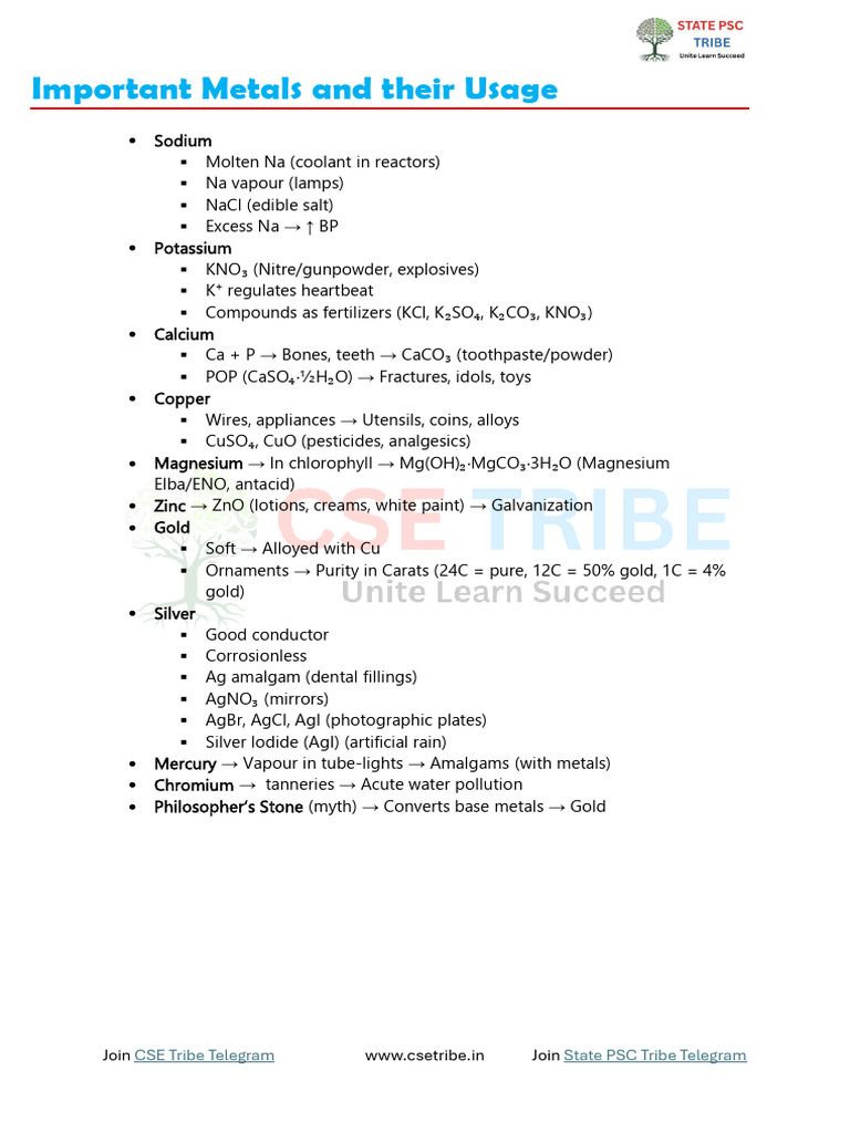 Important Metals and Their Uses | PDF | Chlorine | Magnesium