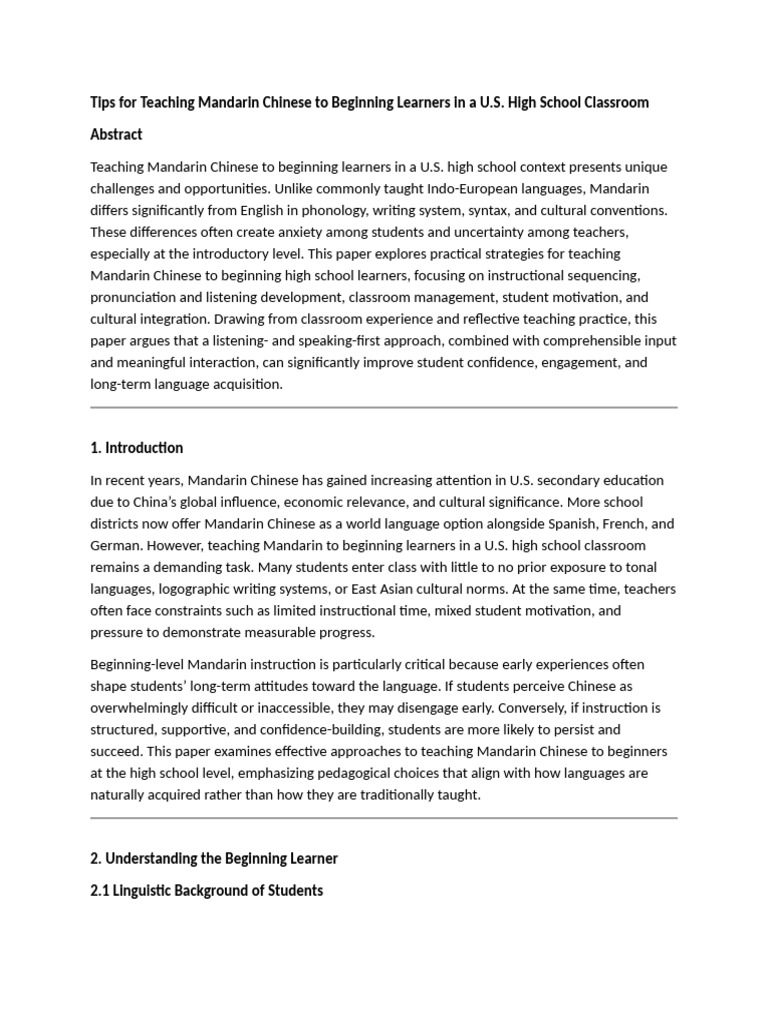 Teaching Mandarin to U.S. High Schoolers | PDF | Teachers | Learning