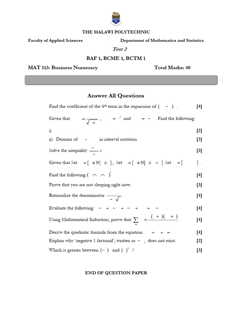 MAT TEST 2 (22 August 2019) | PDF | Quadratic Equation | Mathematical ...