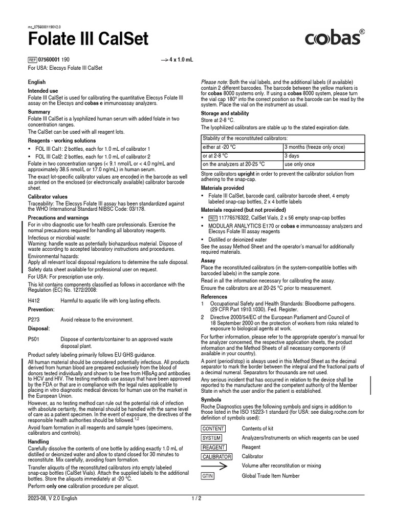 Elecsys Folate III CalSet Overview | PDF | Laboratory Techniques
