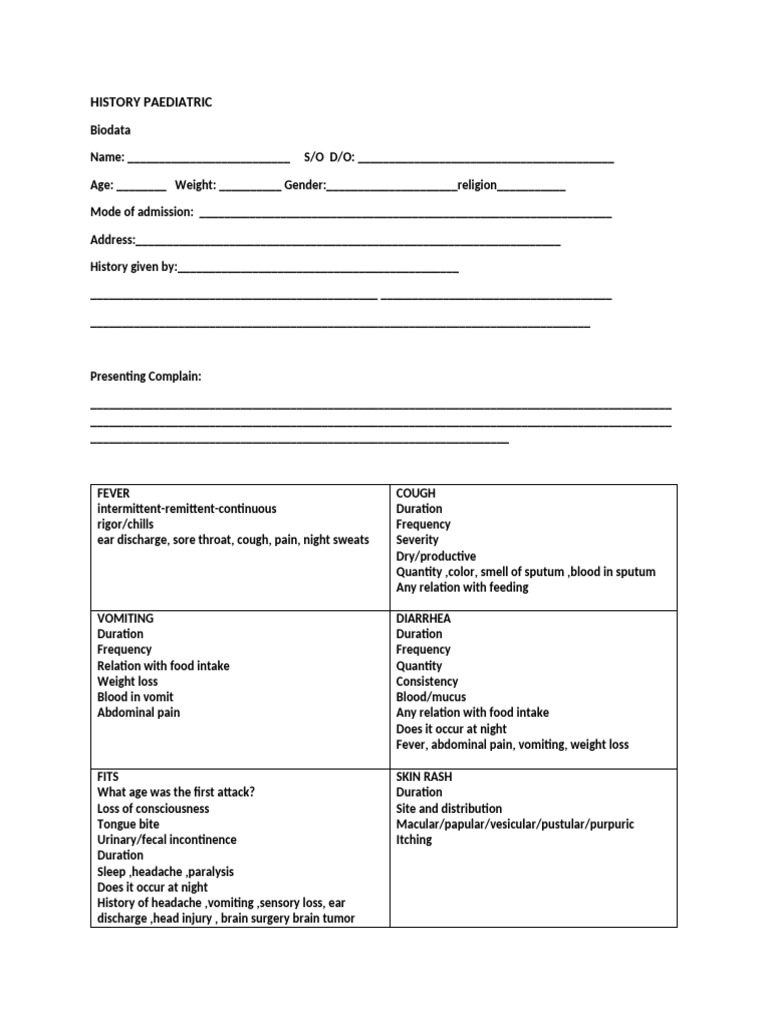 History Paeds (Autosaved) | PDF | Cough | Miscarriage