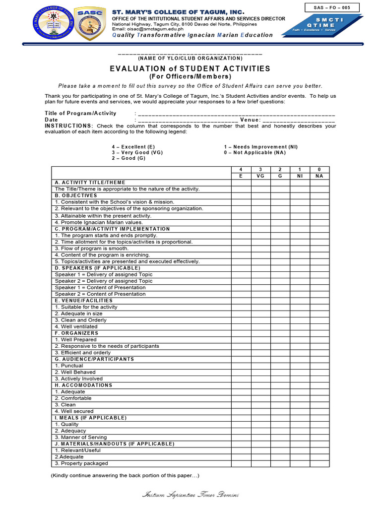 Student Activity Evaluation Survey | PDF