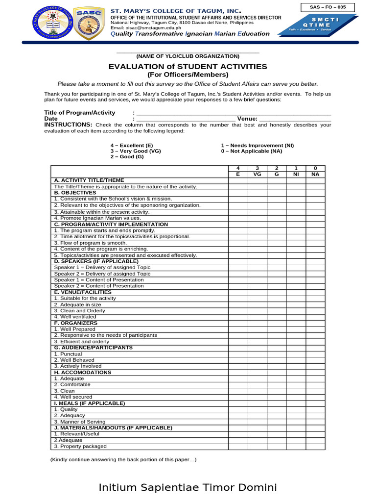 Student Activity Evaluation Survey | PDF