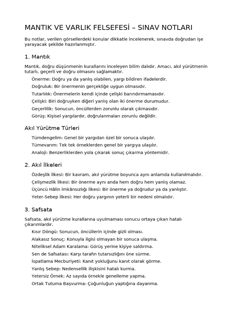 Mantik Ve Varlik Felsefesi Turkce Karakterli Notlar | PDF