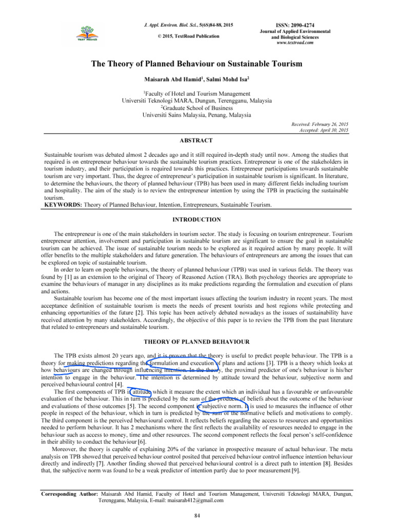 The Theory of Planned Behaviour on Sustainable Tourism | PDF ...