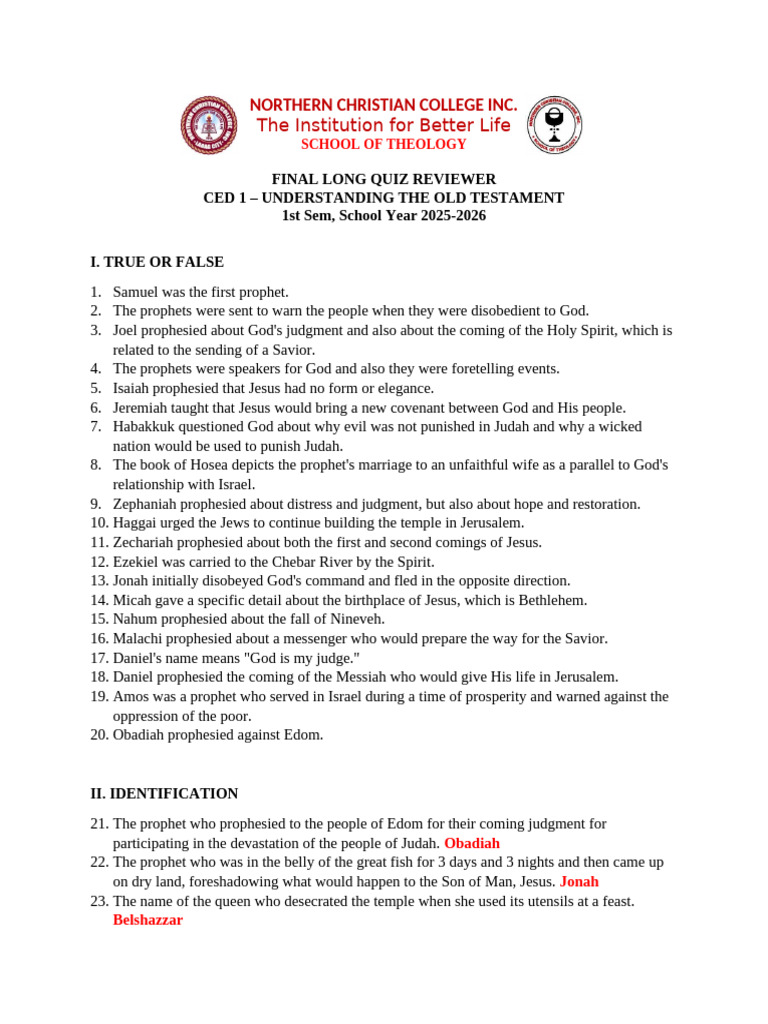 Old Testament Quiz Review Guide | PDF | Nevi'im | Daniel (Biblical Figure)