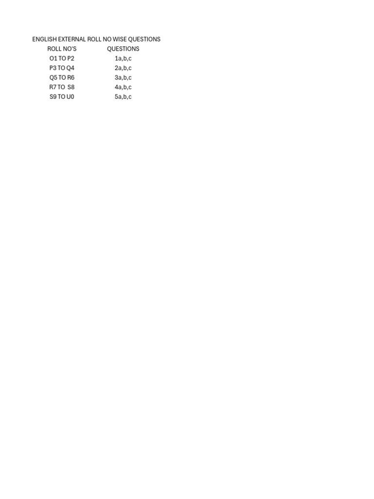 English Roll No Wise Questions | PDF