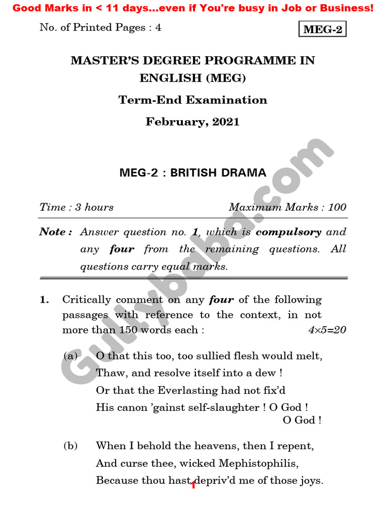 British Drama MEG-2 Exam Questions | PDF
