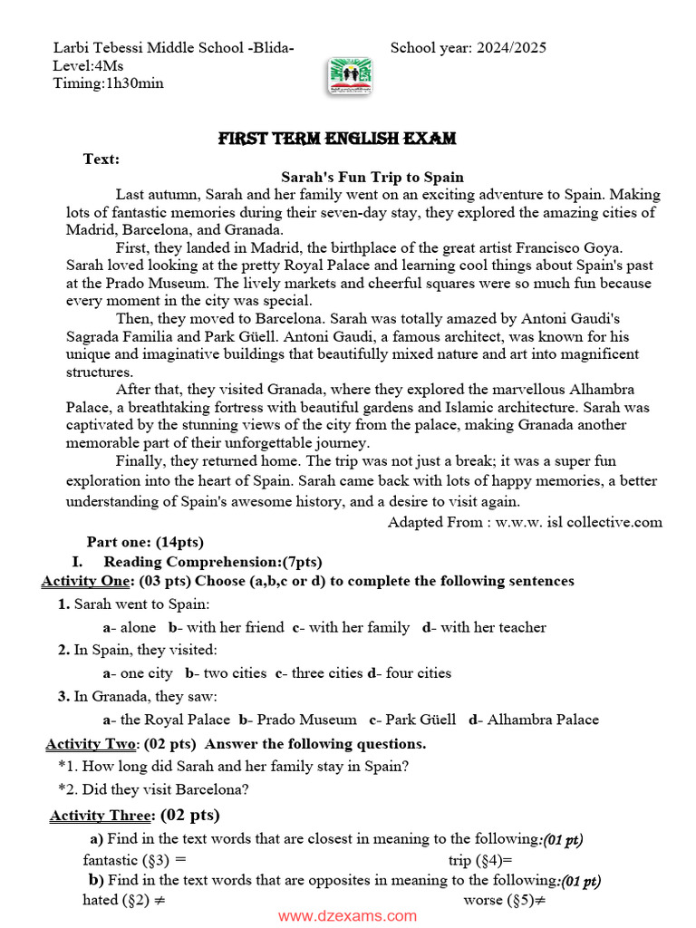 First Term English Exam: Spain Trip | PDF