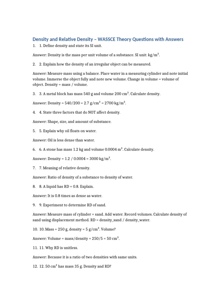 Density_and_Relative_Density_WASSCE_Questions_with_Answers | PDF ...