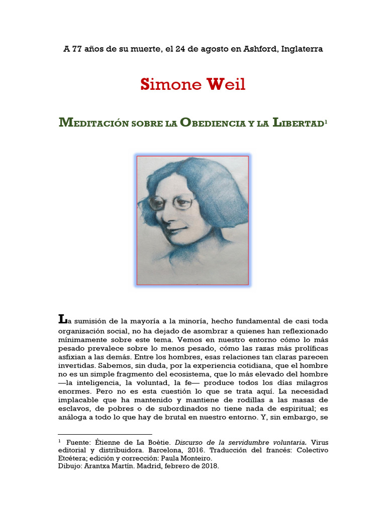 Simone Weil. Meditaciones Sobre La Obediencia y La Libertad | PDF