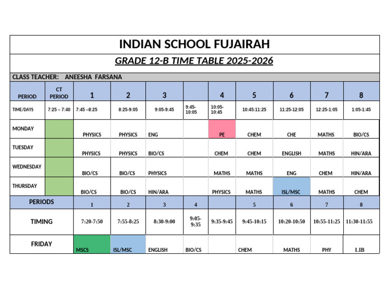 Grade 12-B Timetable 2025-2026 | PDF