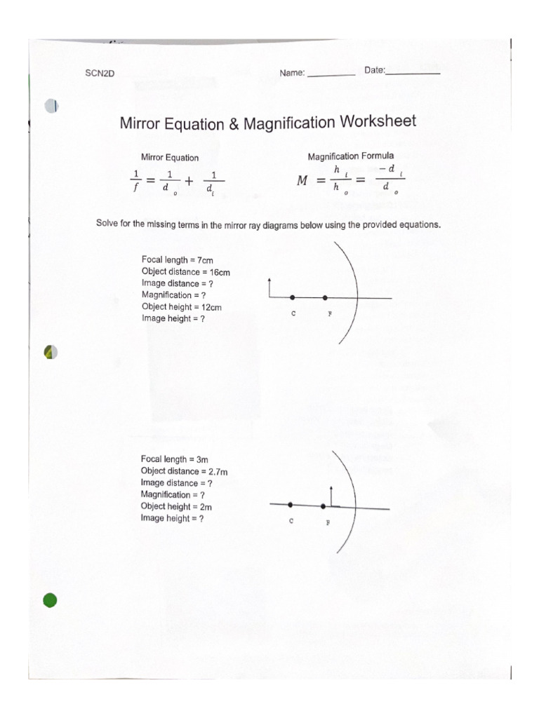 Mirror Equation & Magnification Worksheet | PDF