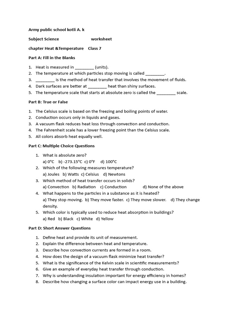 Class 7 Science Worksheet: Heat & Temperature | PDF