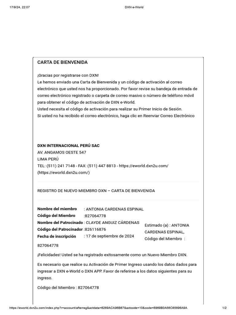 Carta de Bienvenida DXN D Antonia Cardenas | PDF | Aplicación movil ...