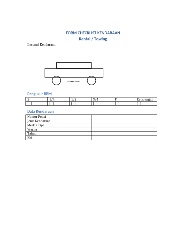 Form Checklist Kendaraan Rental Towing Ilustrasi | PDF