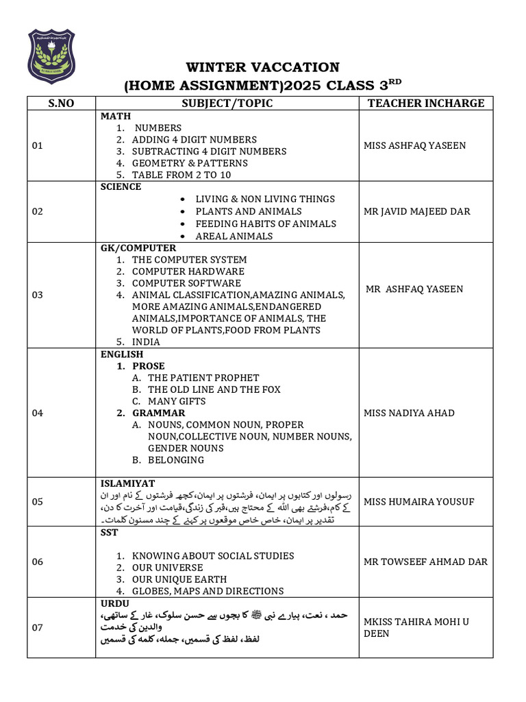 Class 3 Winter Vacation Assignments 2025 | PDF | Languages | Foreign ...