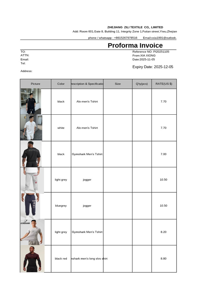 Proforma Invoice for Textile Order | PDF