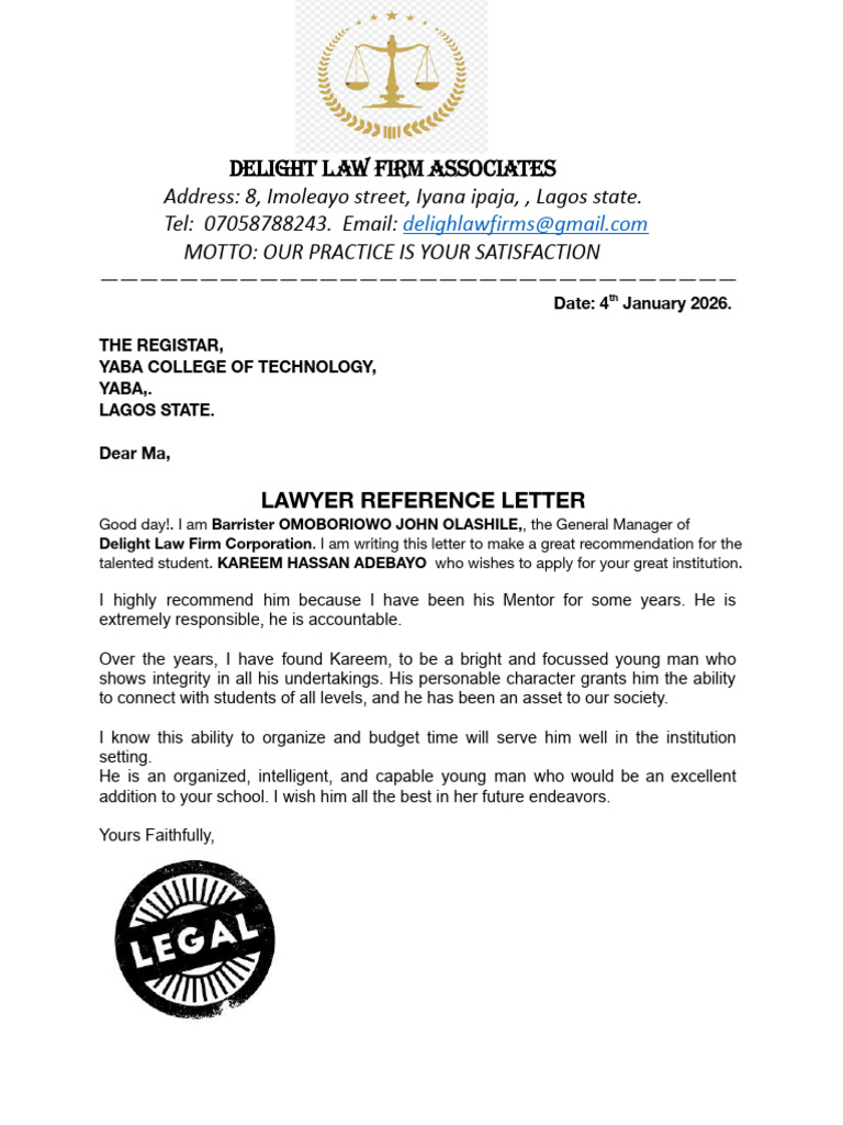 Lawyer Reference Letter for Kareem Adebayo | PDF