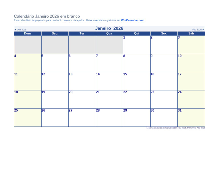 Calendário em Branco Janeiro 2026 | PDF
