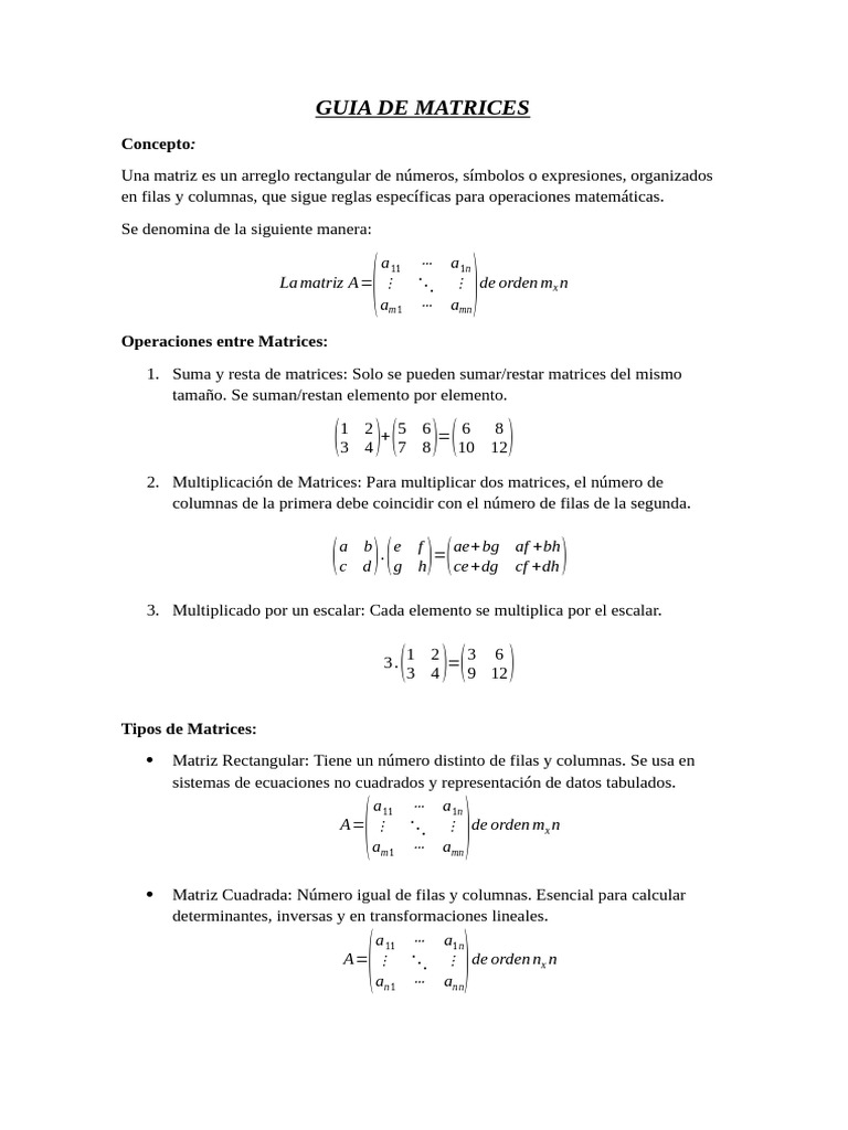 Guía Completa de Matrices Matemáticas | PDF | Matriz (Matemáticas ...