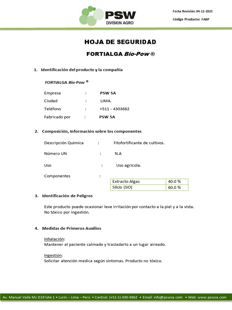 Hoja de Seguridad FORTIALGA Bio-Pow | PDF | Agua | Higiene Ocupacional