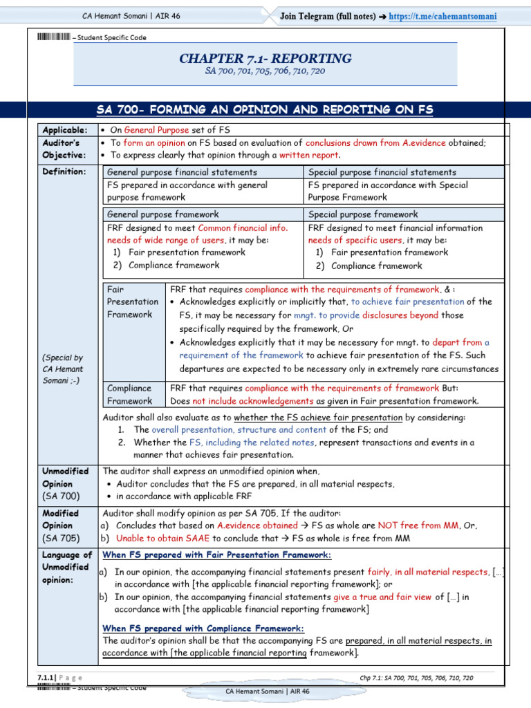 Chapter 7.1-Reporting: Sa 700 - Forming An Opinion and Reporting On Fs ...