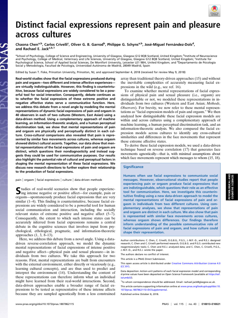 Facial Expressions of Pain vs. Orgasm | PDF | Perception | Pain