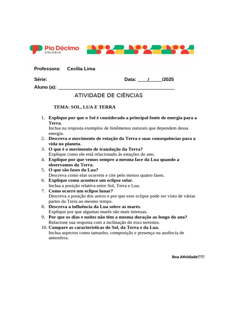 Atividade de Ciências 8ºano SOL, TERRA E LUA PD2025 | PDF