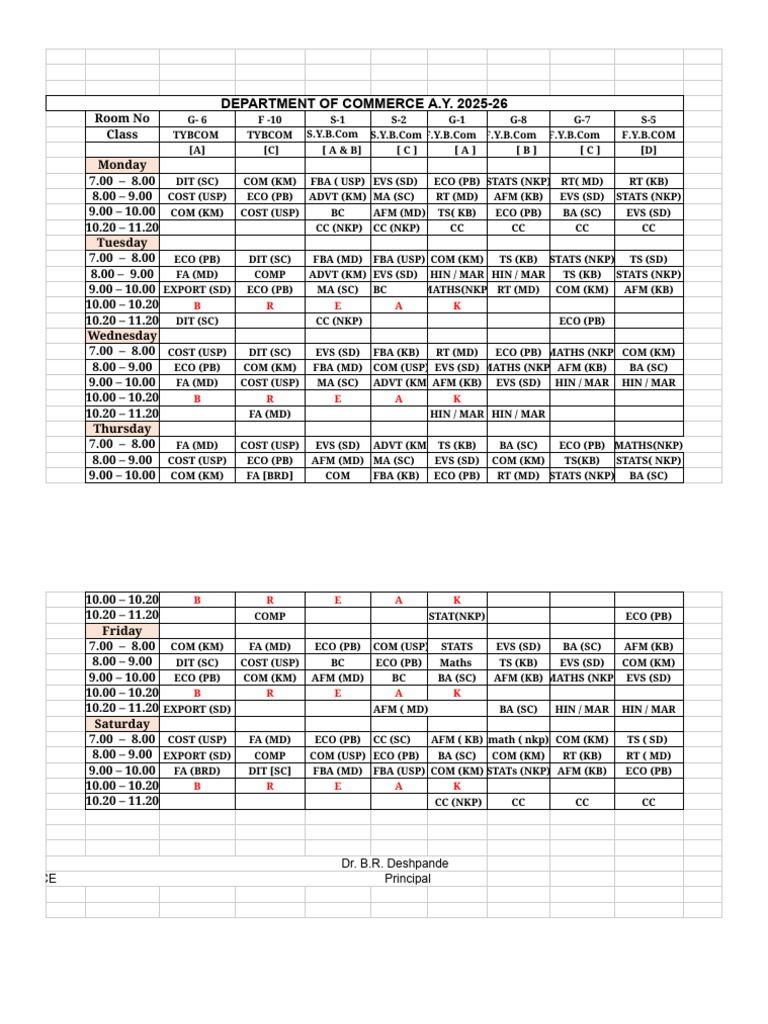 Department of Commerce Class Schedule 2025-26 | PDF