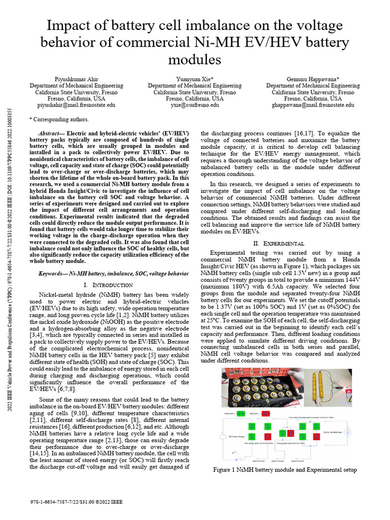 Impact of Battery Cell Imbalance on the Voltage Behavior of Commercial ...