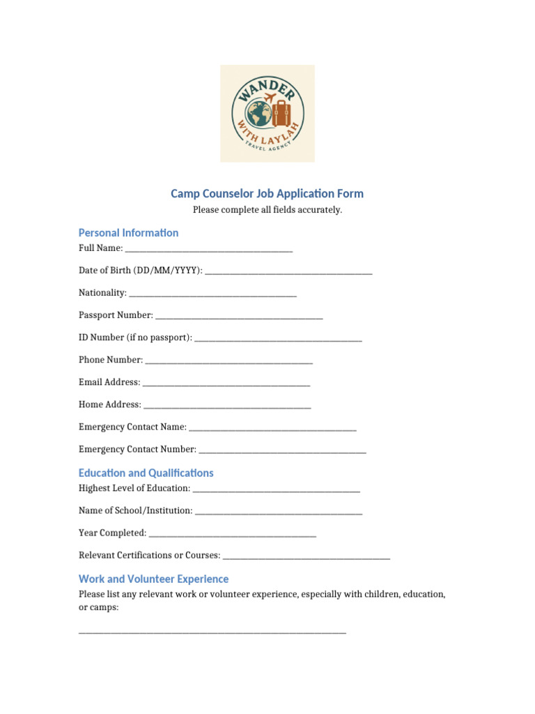 Camp Counselor Application Form | PDF