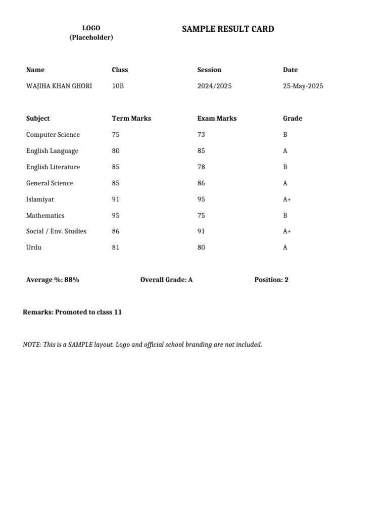 Sample Result Card Table Layout | PDF