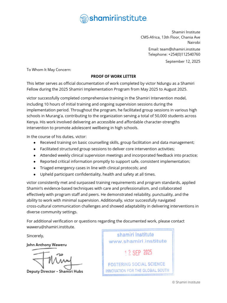 Proof of Work Letter Victor Ndungu | PDF | Communication