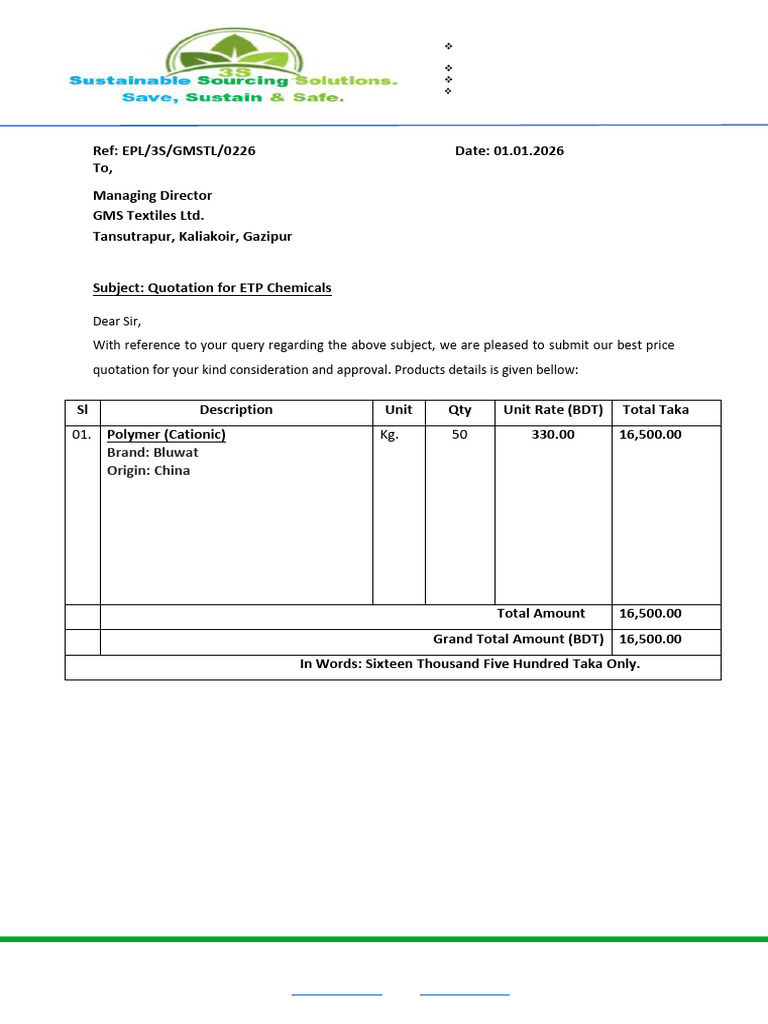 Quotation for ETP Chemicals Supply | PDF