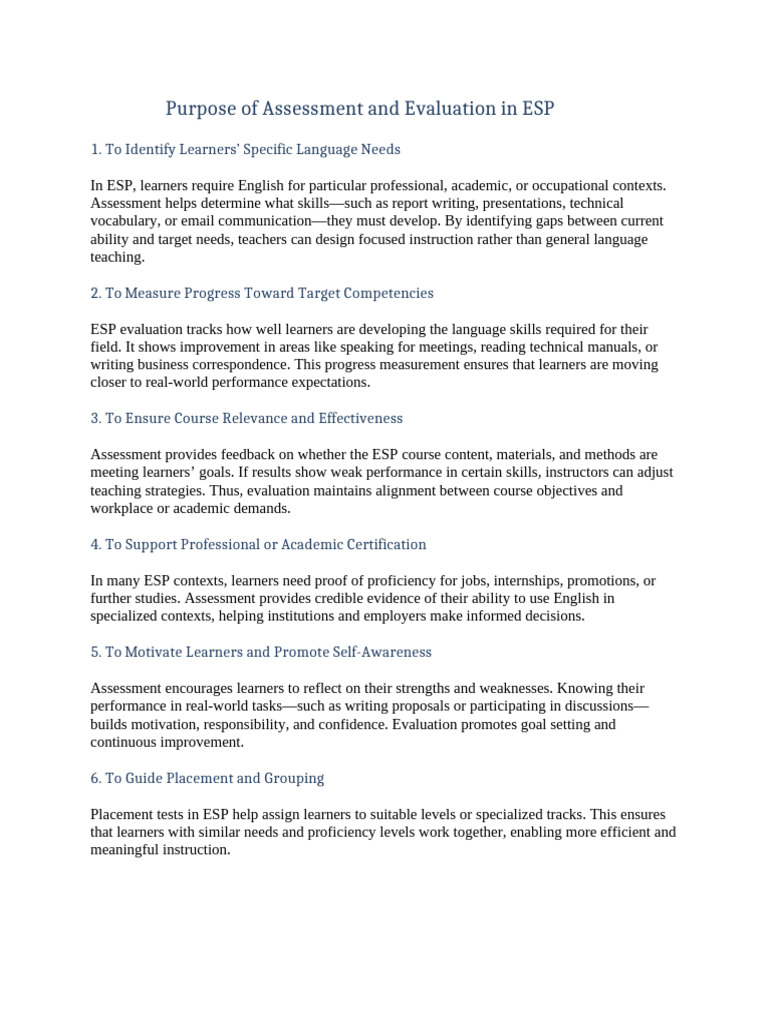Importance of ESP Assessment Methods | PDF | Educational Assessment ...