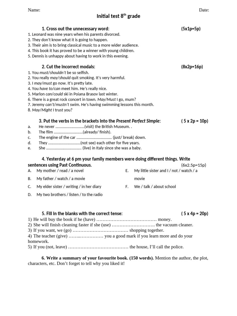 Refacut Initial Test 8th Grade | PDF | Linguistics | Syntax