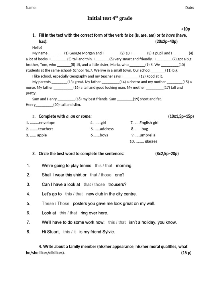 RE - Initial Test 4th Grade | PDF