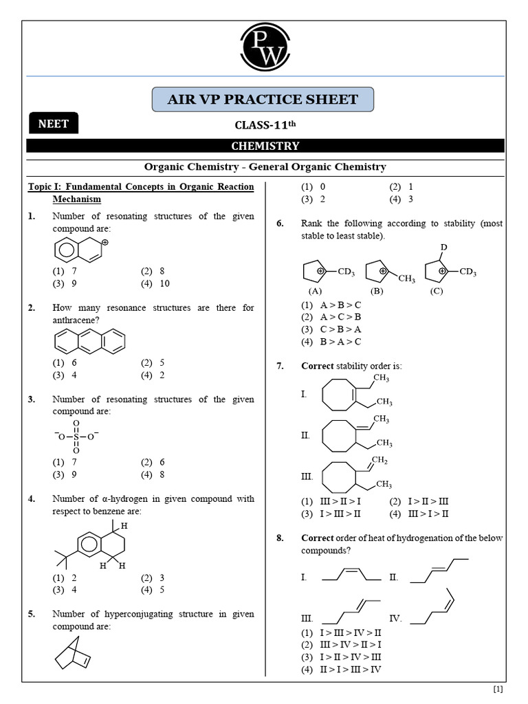 Organic Chemistry Resonance Structures Quiz | PDF | Chemistry | Organic ...