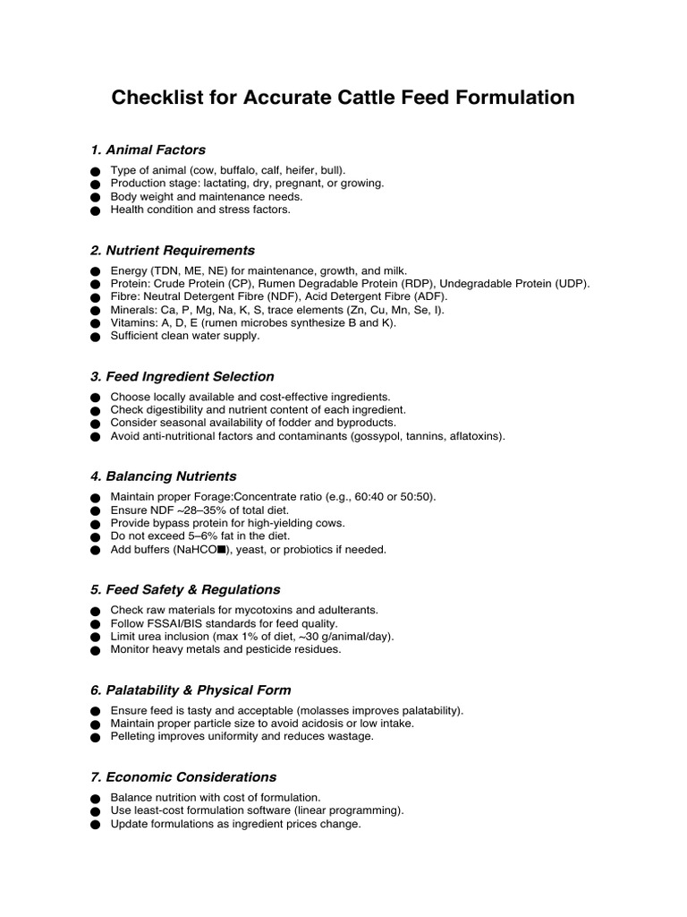 Cattle Feed Formulation Checklist | PDF