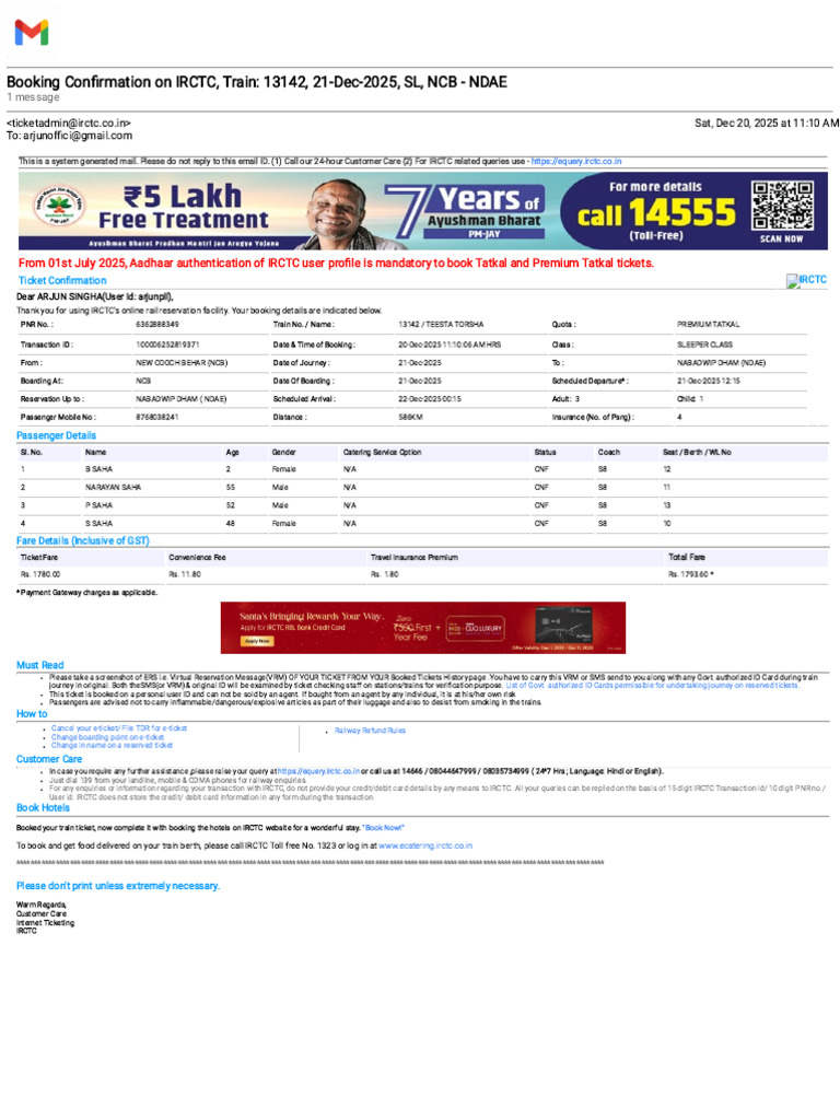 Gmail - Booking Confirmation On IRCTC, Train - 13142, 21-Dec-2025, SL ...