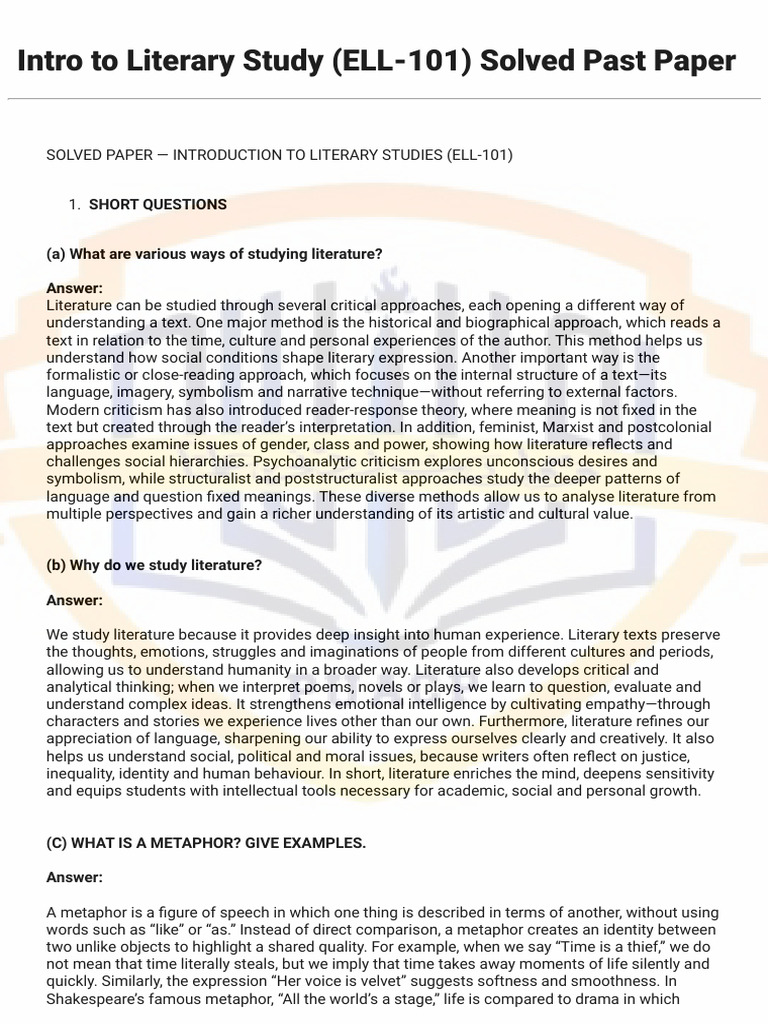 Solved ELL-101 Literary Studies Paper | PDF | Poetry | Narration