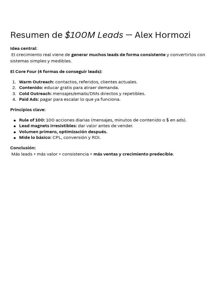 Resumen de $100M Leads — Alex Hormozi | PDF
