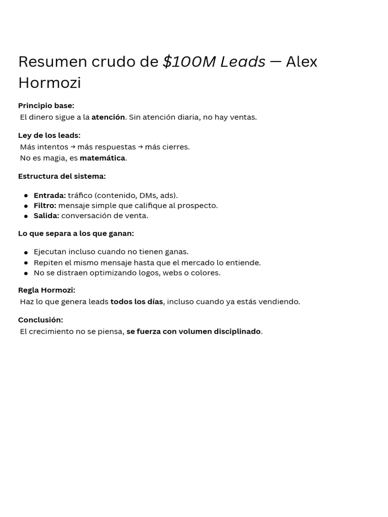 Resumen Crudo de $100M Leads — Alex Hormozi | PDF
