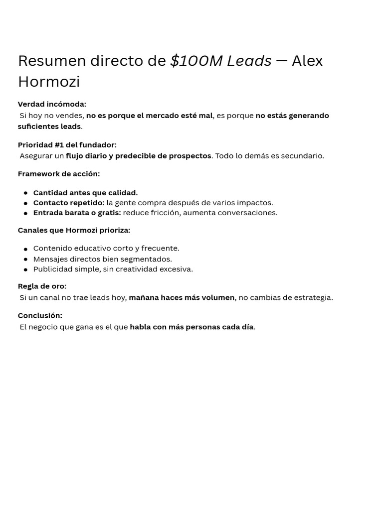 Resumen Directo de $100M Leads — Alex Hormozi | PDF