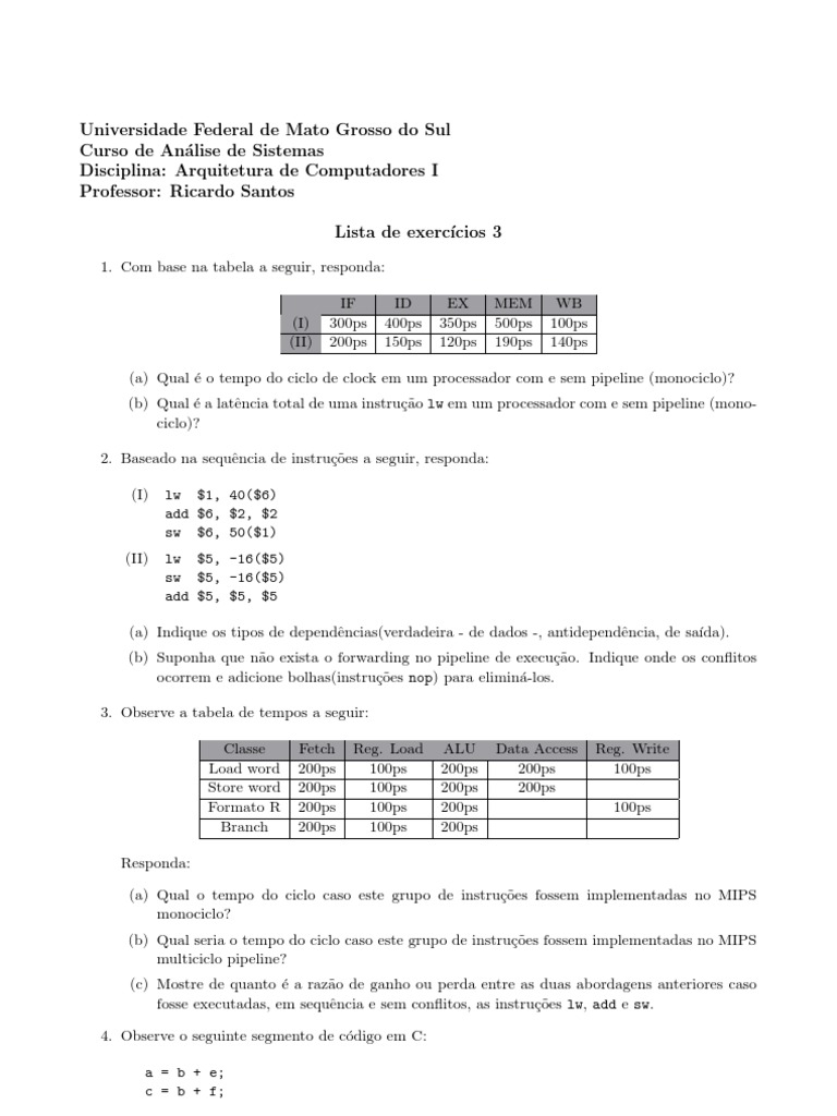 Lista 03 ArqComp | PDF | Arquitetura MIPS | Arquitetura de computadores
